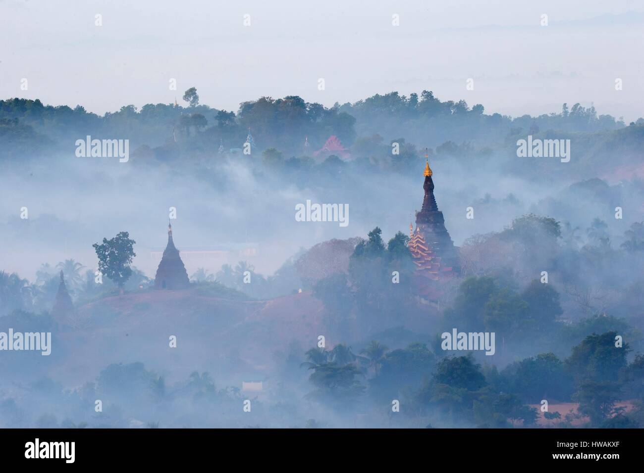 Myanmar, Rakhine State, Mrauk-U, pagodas at sunrise Stock Photo - Alamy