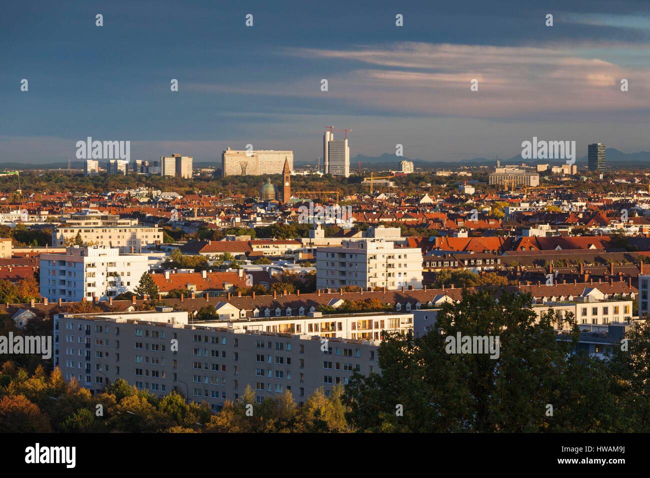 Germany, Bavaria, Munich, Olympic Park, fall city skyline from the ...