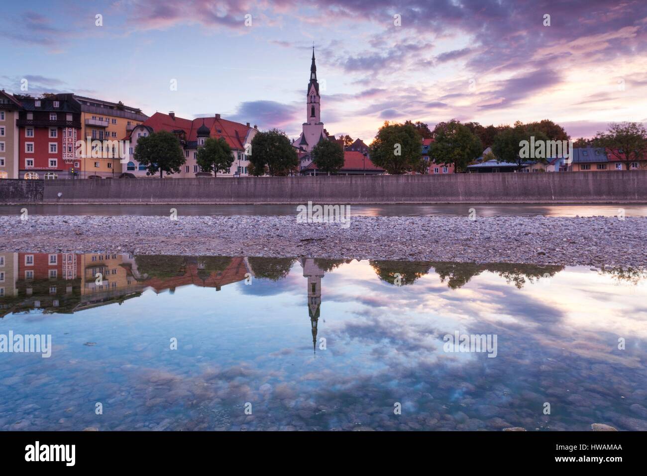 Germany, Bavaria, Bad Tolz, town view along Isar River, dawn Stock ...