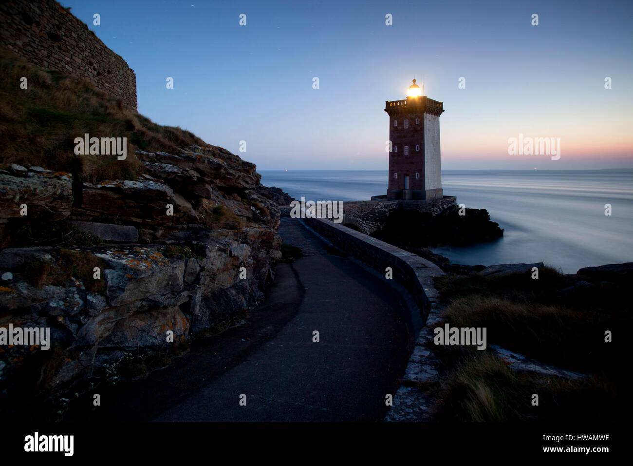 France, Finistere, Le Conquet, Pointe Kermorvan, Lighthouse Lighting ...