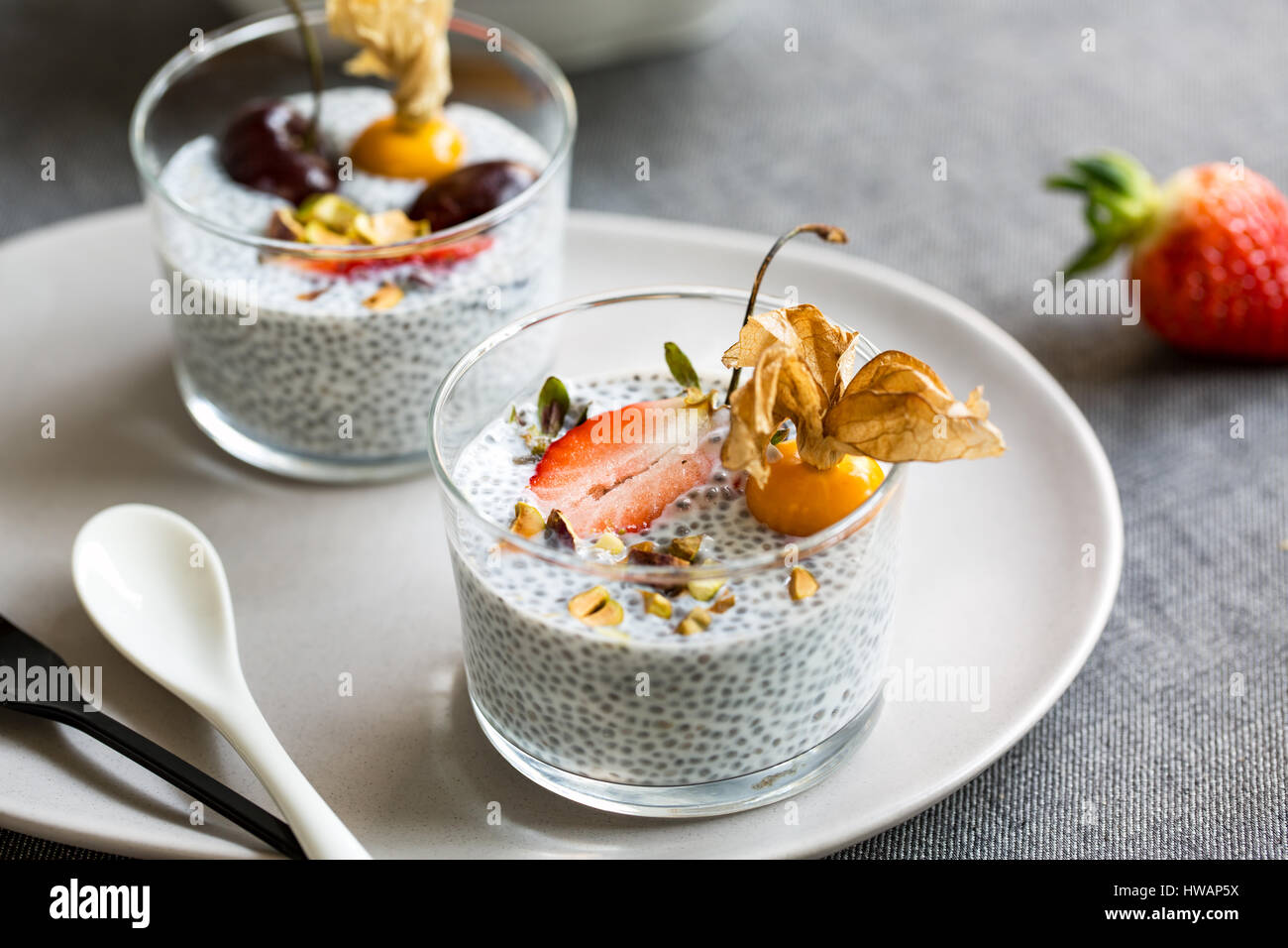 Chia pudding with Fruits and Pistachio Stock Photo - Alamy