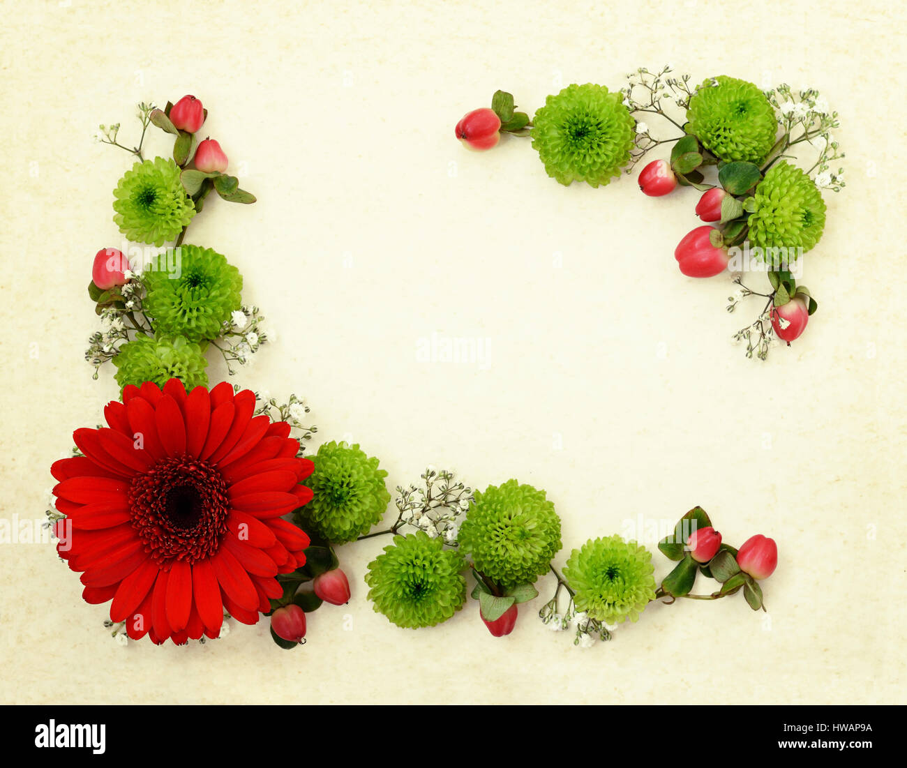 Decorative frame of red, green and white flowers on old paper ...