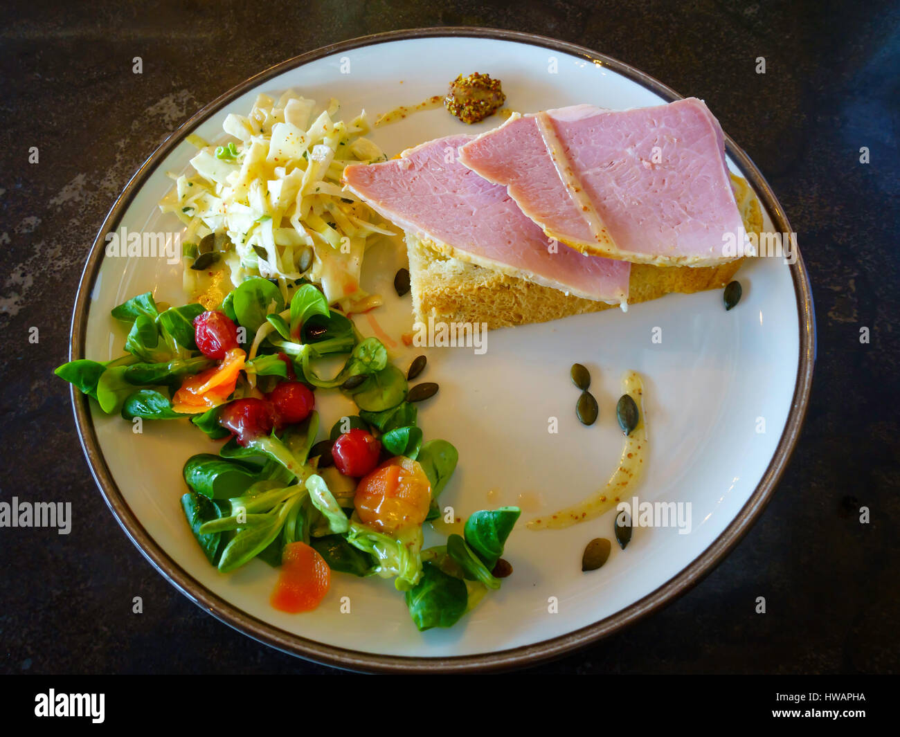 Café lunch Honey Roast ham open sandwich with Pommery mustard salad and ...