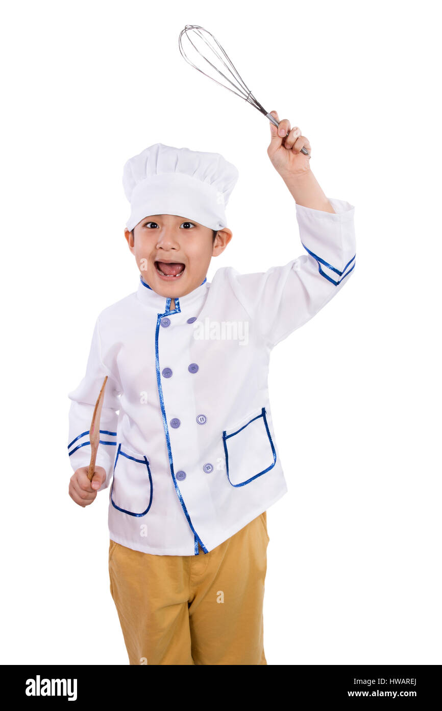 Asian Chinese Boy in White Chef Uniform Holding Baking Tools in ...