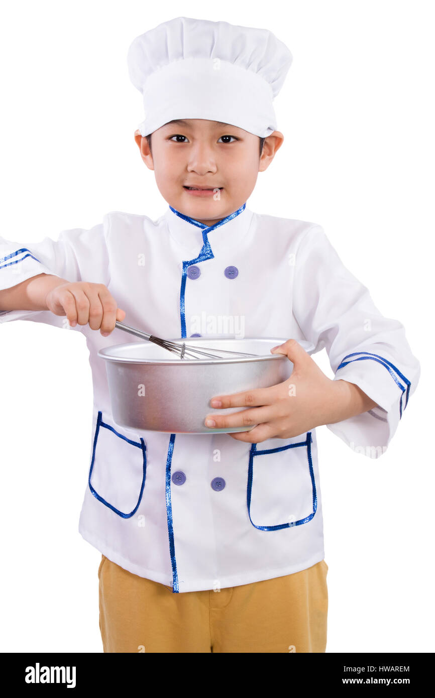 Asian Chinese Boy in white chef uniform Baking Cookies in isolated ...