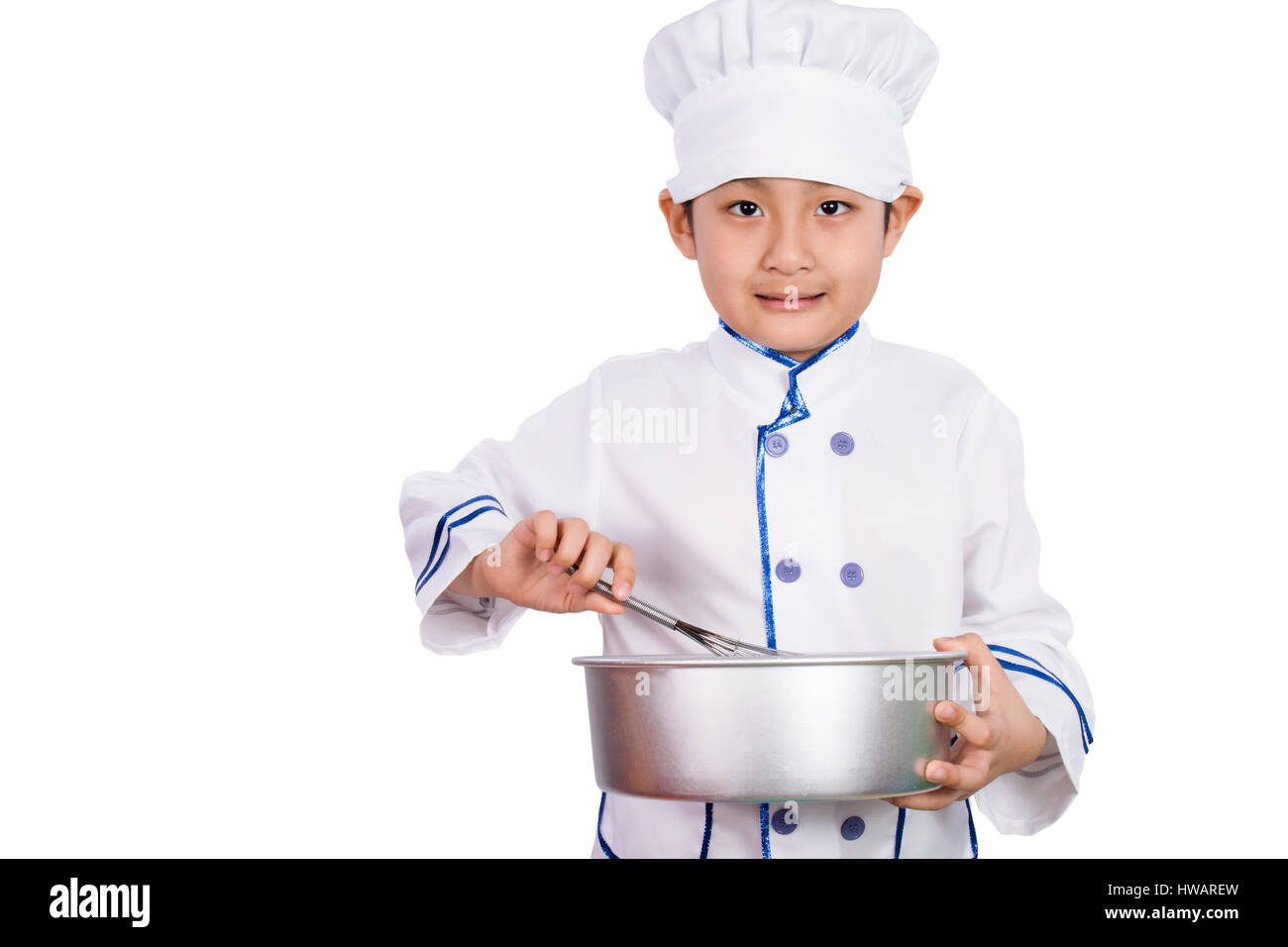 Asian Chinese Boy in white chef uniform Baking Cookies in isolated ...