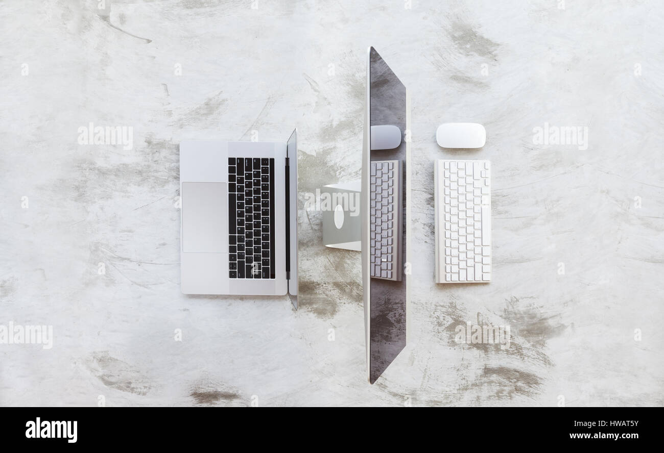 laptop and desktop computer on top view Stock Photo - Alamy