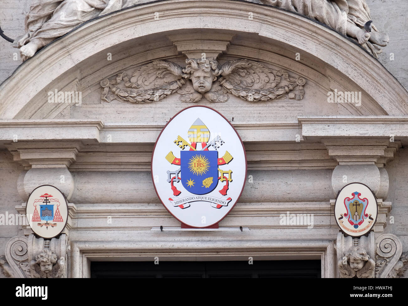 Coat of arms of Pope Francis on the portal of Sant Andrea della Valle ...