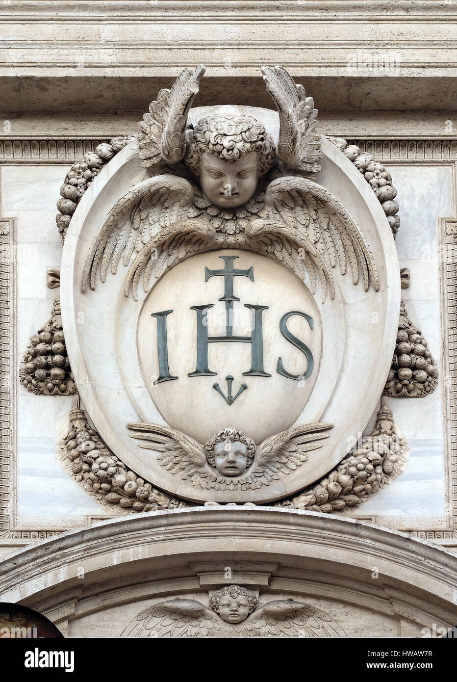 Christogram IHS, facade of the Church of the Gesu, mother church of the ...
