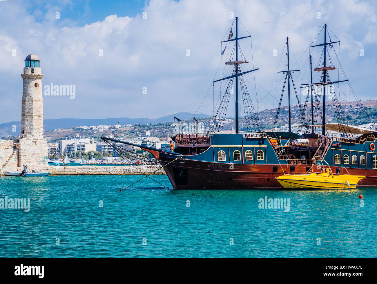 Tourist pirate ships anchored in Rethymno harbor, Crete, Greece Stock ...