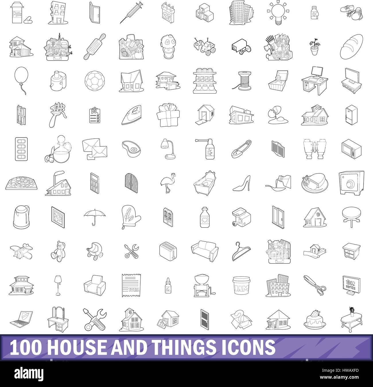 100 house and things icons set, outline style Stock Vector Image & Art ...