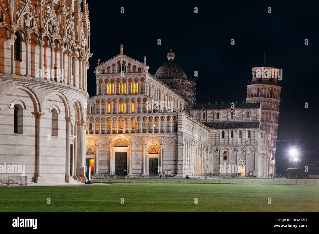 Leaning tower and cathedral at night in Pisa, Italy as the worldwide ...