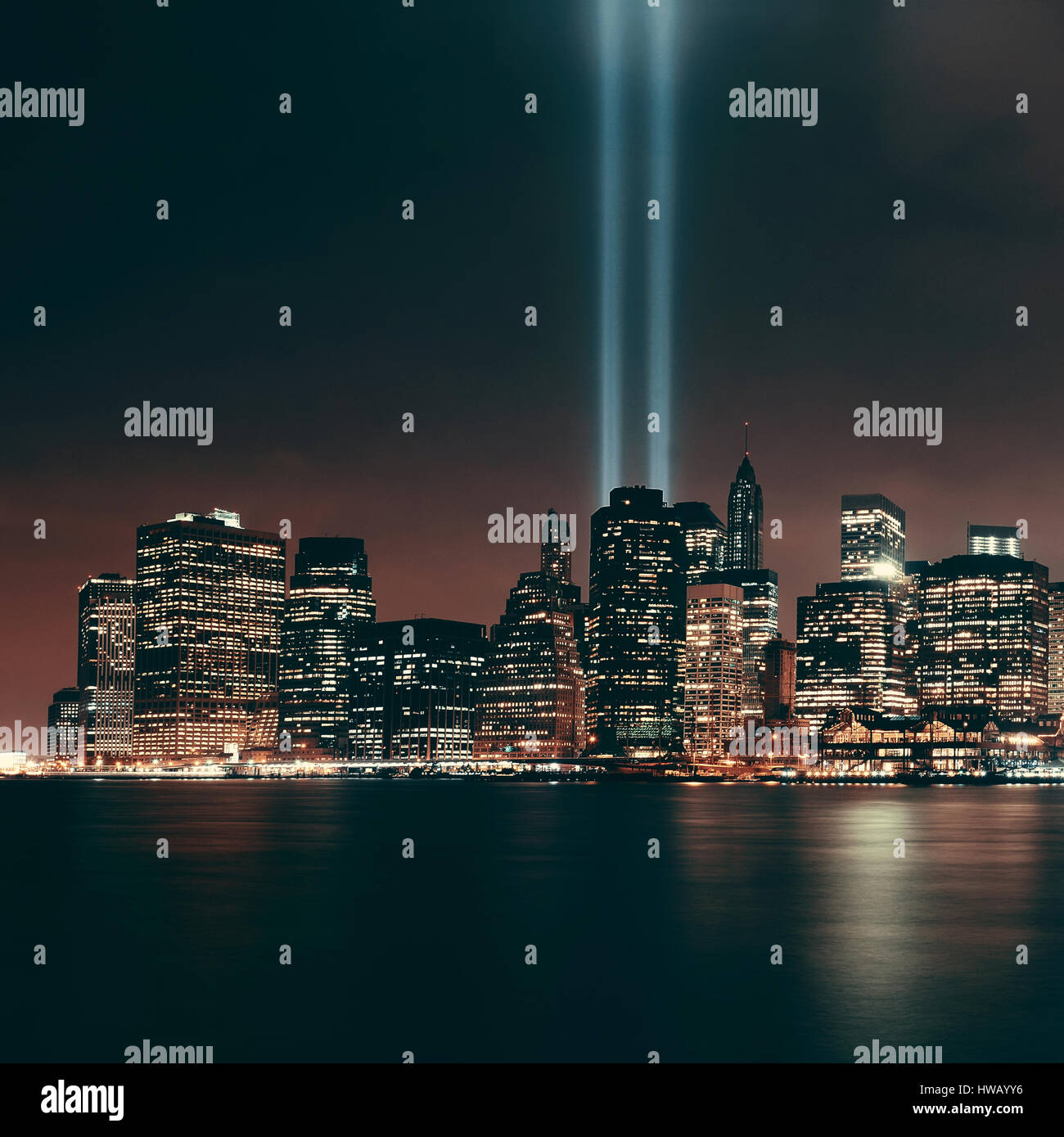 New York City downtown and september 11 tribute at night Stock Photo ...