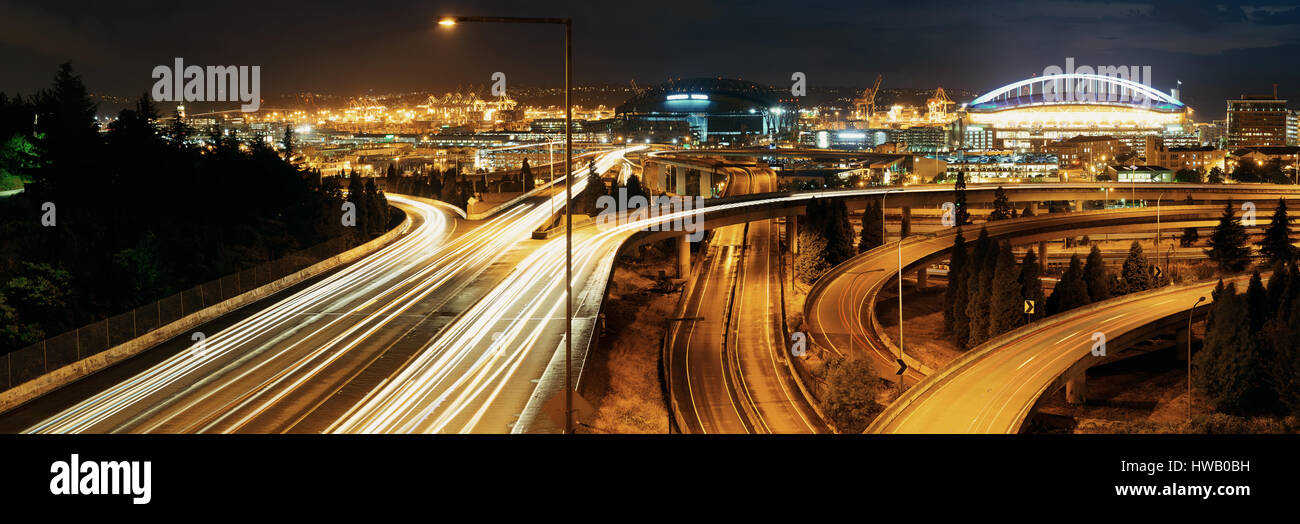 Seattle at night with traffic light trails and highway Stock Photo - Alamy
