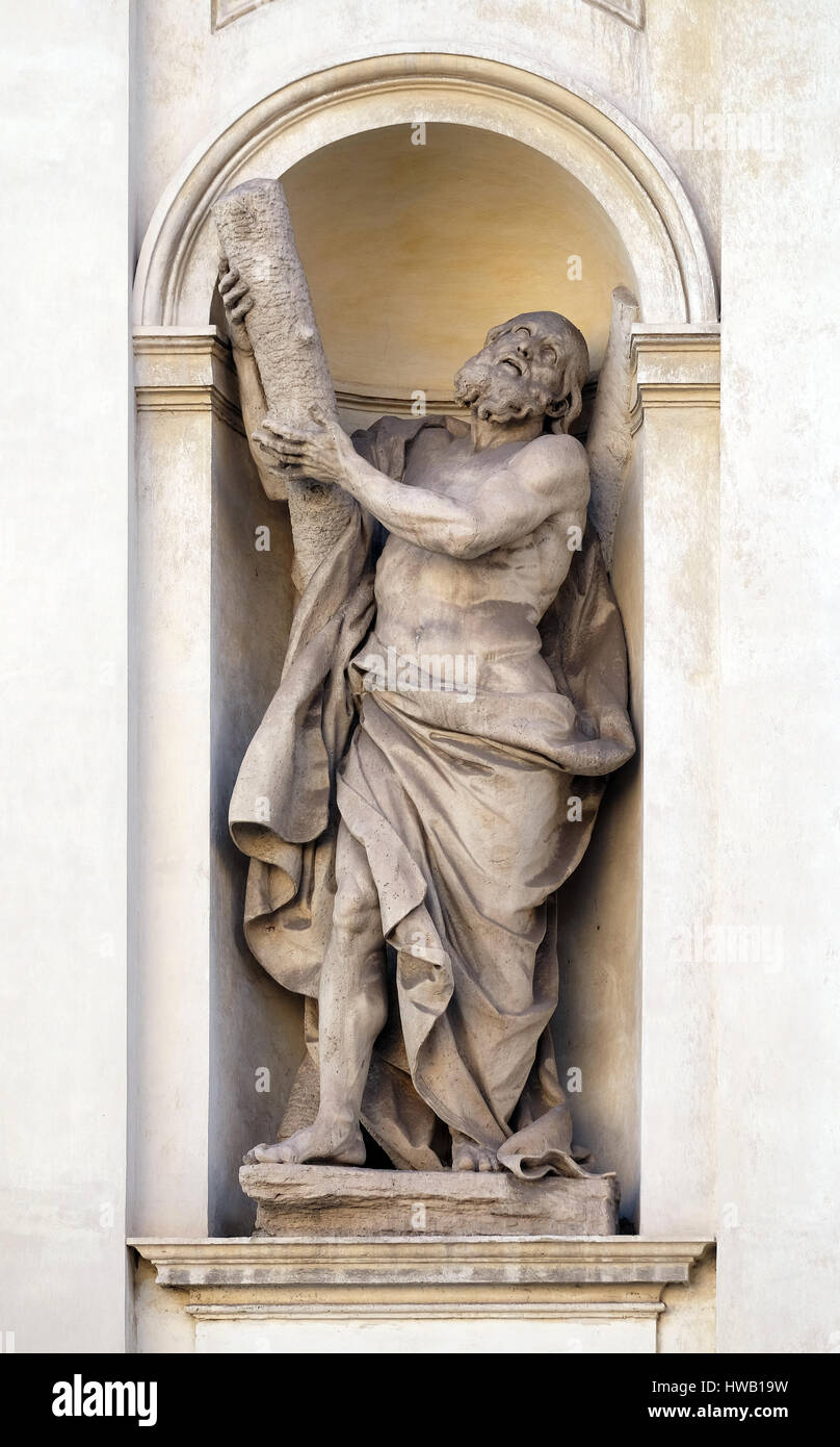 Saint Andrew by Luca Breton on the facade of Santi Claudio e Andrea dei ...
