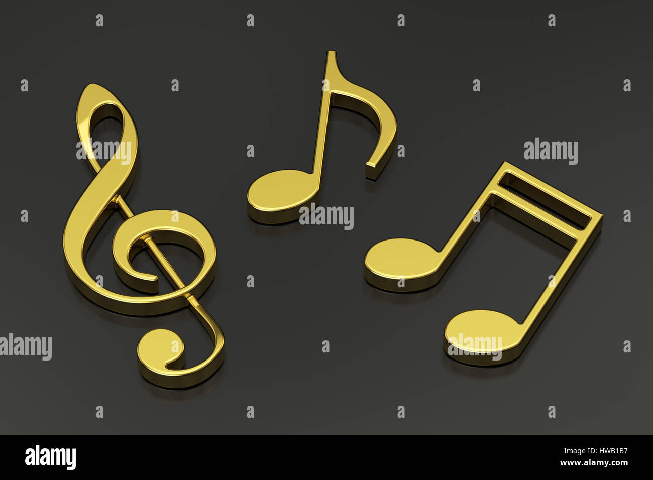 Golden Music Notes closeup, 3D rendering isolated on black background ...