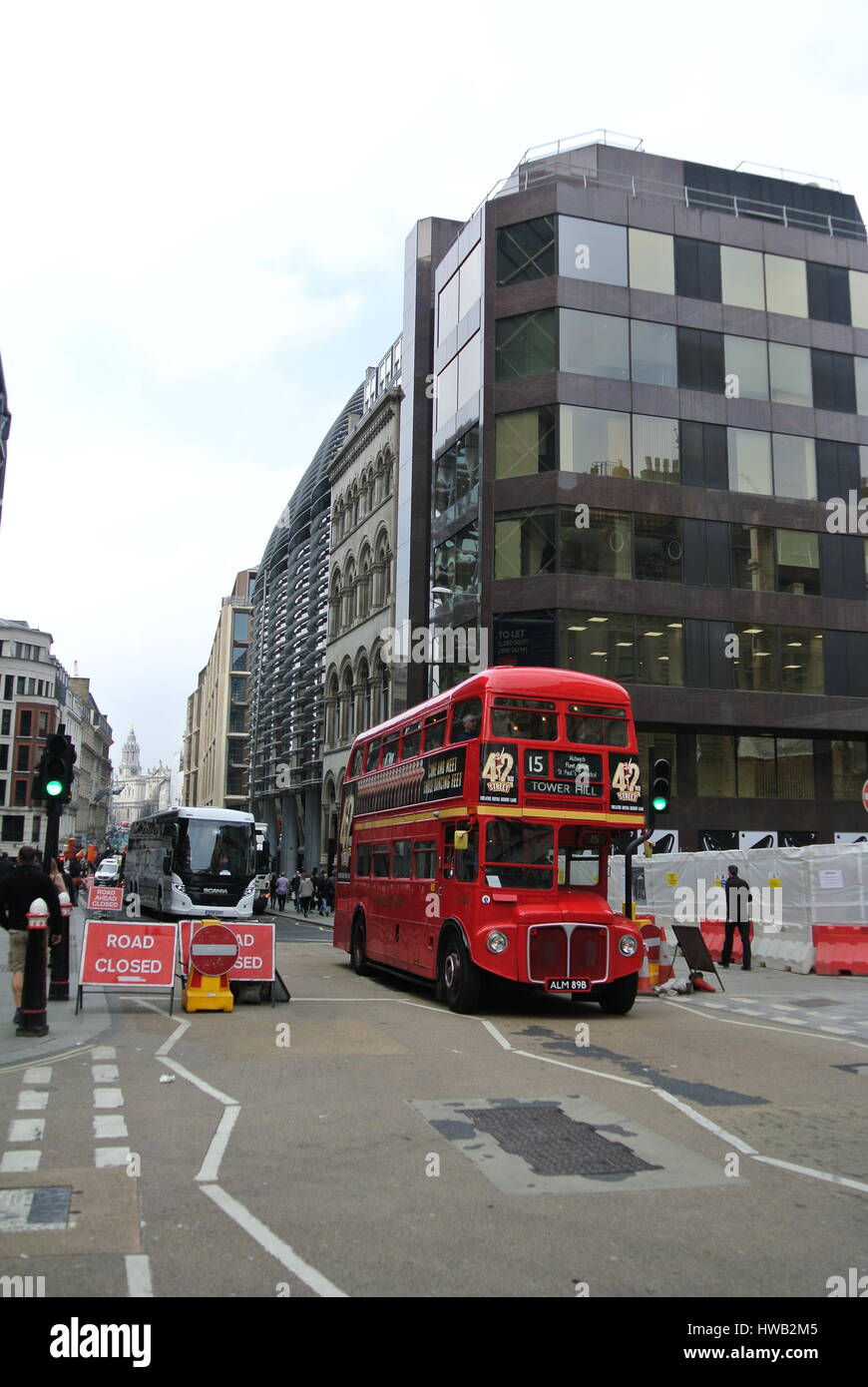 Traditional London Routemaster bus in Bishopsgate Road, {A10} street ...