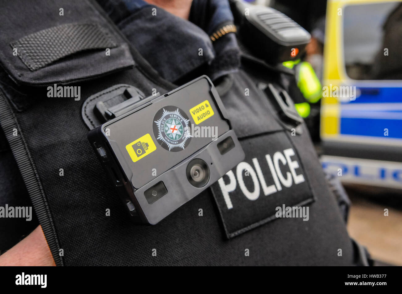 Police officer from the PSNI wears a body cam to record video and audio ...