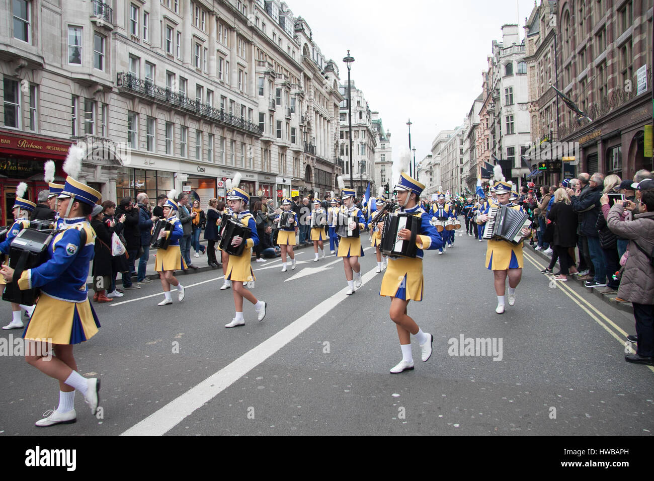 London, UK. 19 March 2017. Mayobridge marching band from County Down ...
