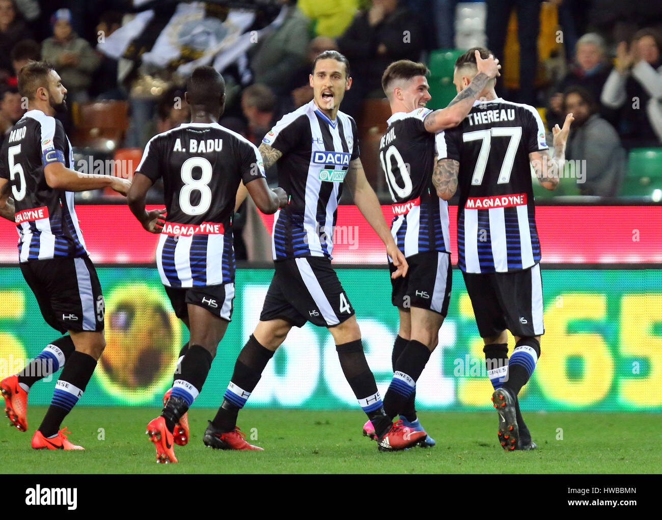 Udine, Italy. 19th March, 2017. Udinese's forward Cyril Thereau (R ...