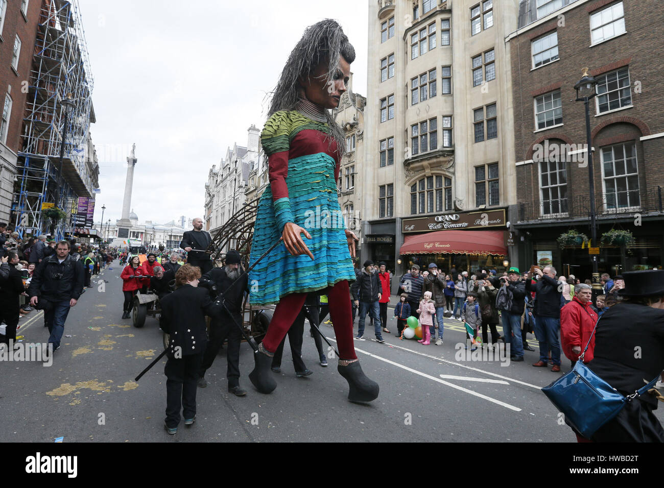 London, UK. 19th Mar, 2017. A giant puppet is seen during the St ...