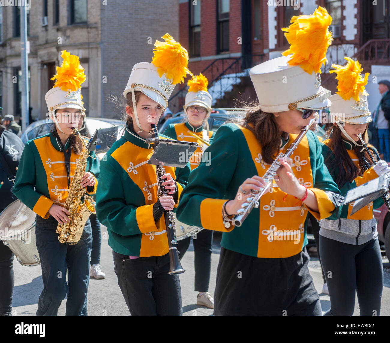 New York, USA. 19th March, 2017. Marching band celebrates St. Patrick's ...