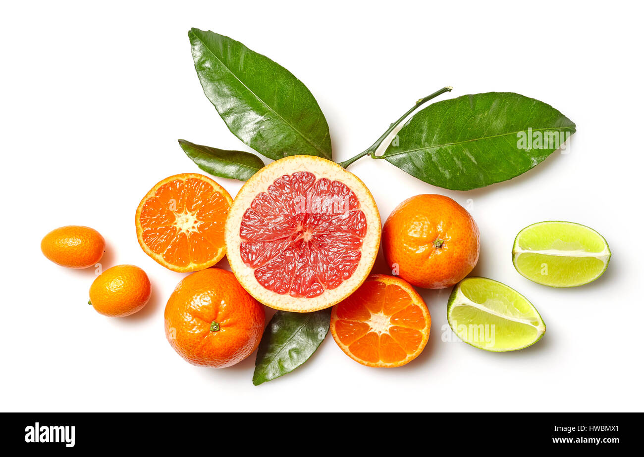 composition of various citrus fruits isolated on white background, top ...