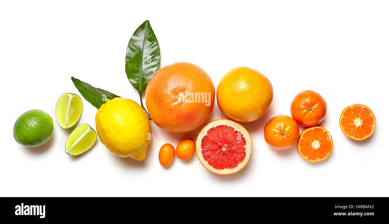 composition of various citrus fruits isolated on white background, top ...