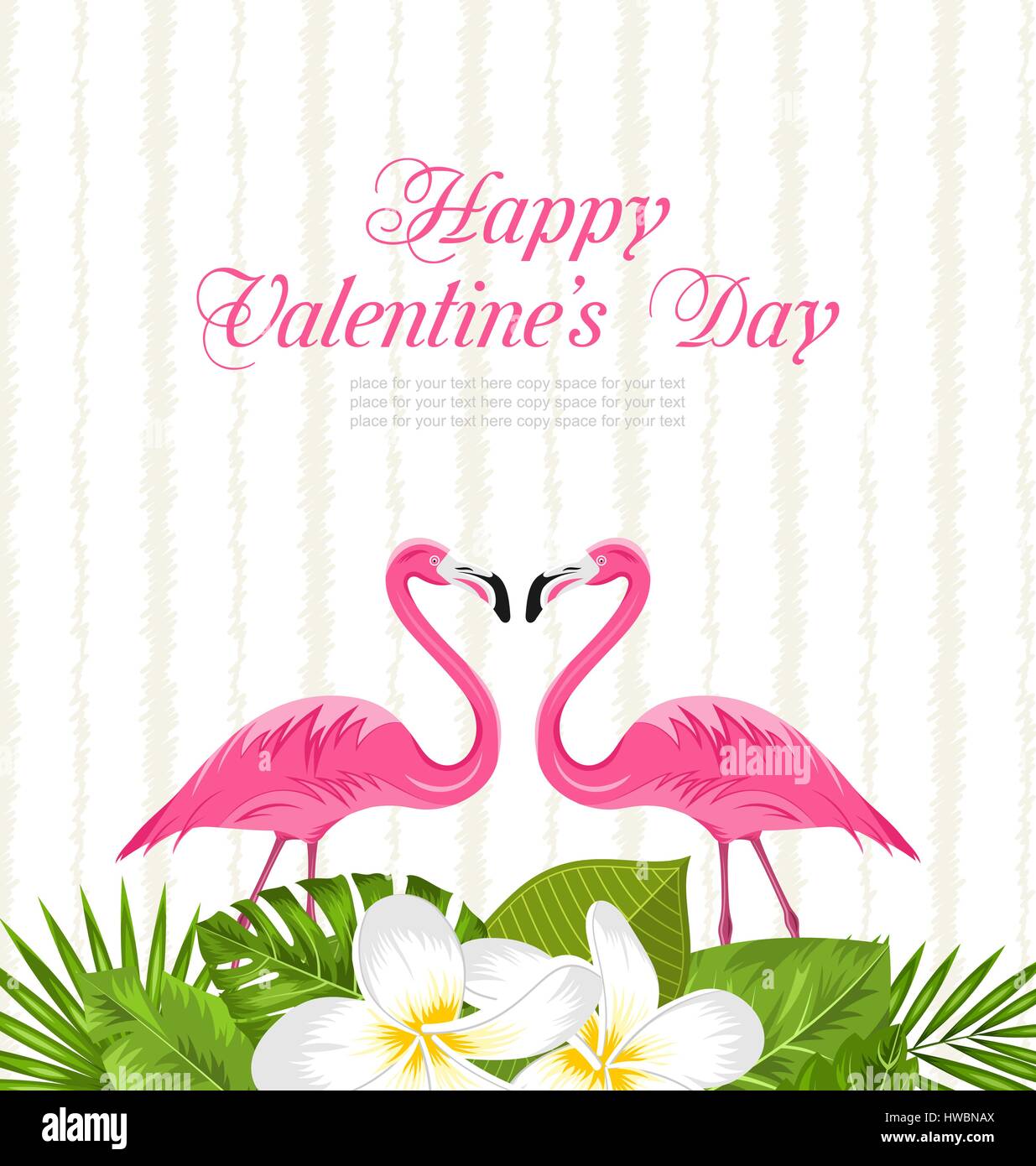 Cute Card with Pink Flamingos and Green Leaves for Valentines Day Stock ...
