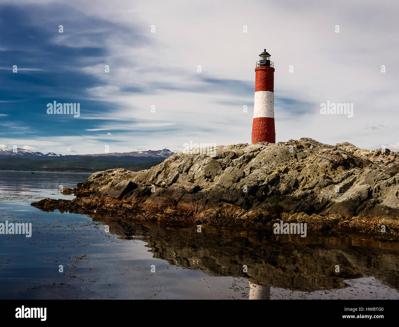 Lighthouse Les eclaireurs in Beagle Channel near Ushuaia Stock Photo ...