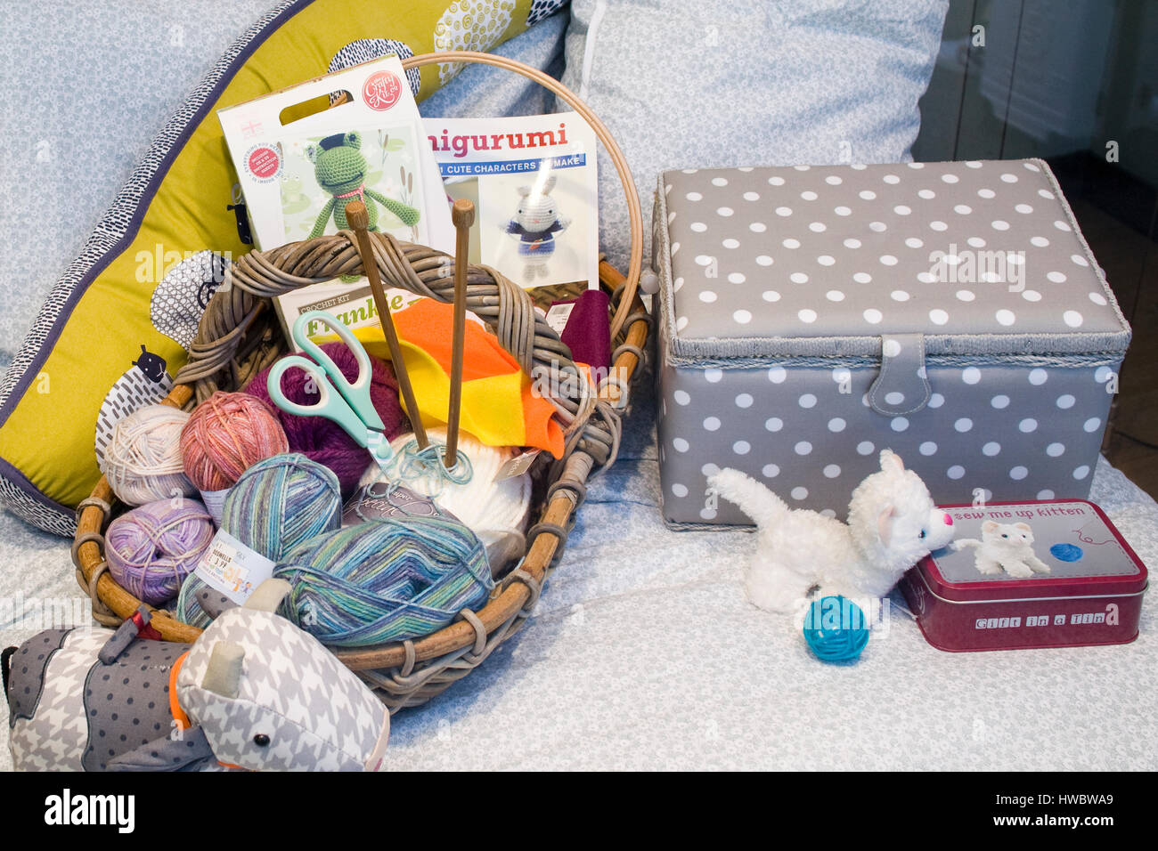 shop window display of a knitting basket full of equipment Stock Photo ...