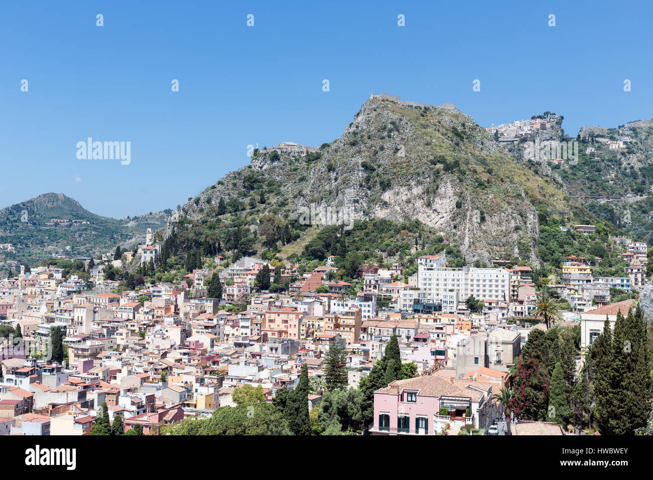 Aerial view of Taormina, historic city at the Sicilian coast of Italy ...