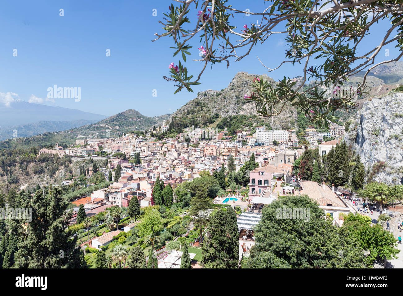 Aerial view of Taormina, historic city at the Sicilian coast of Italy ...