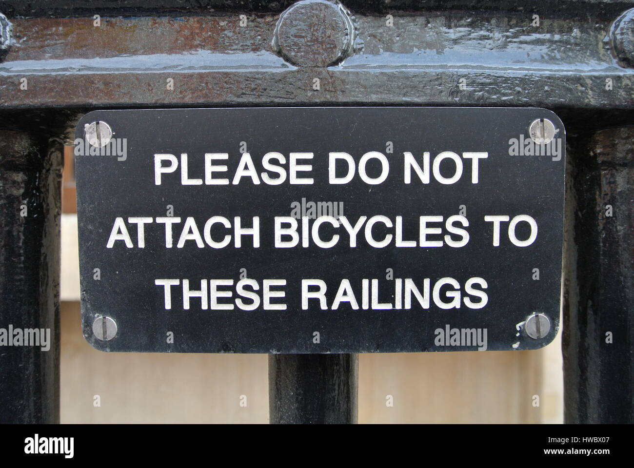 Please do not attach bicycles to these railings, sign, Whitehall ...