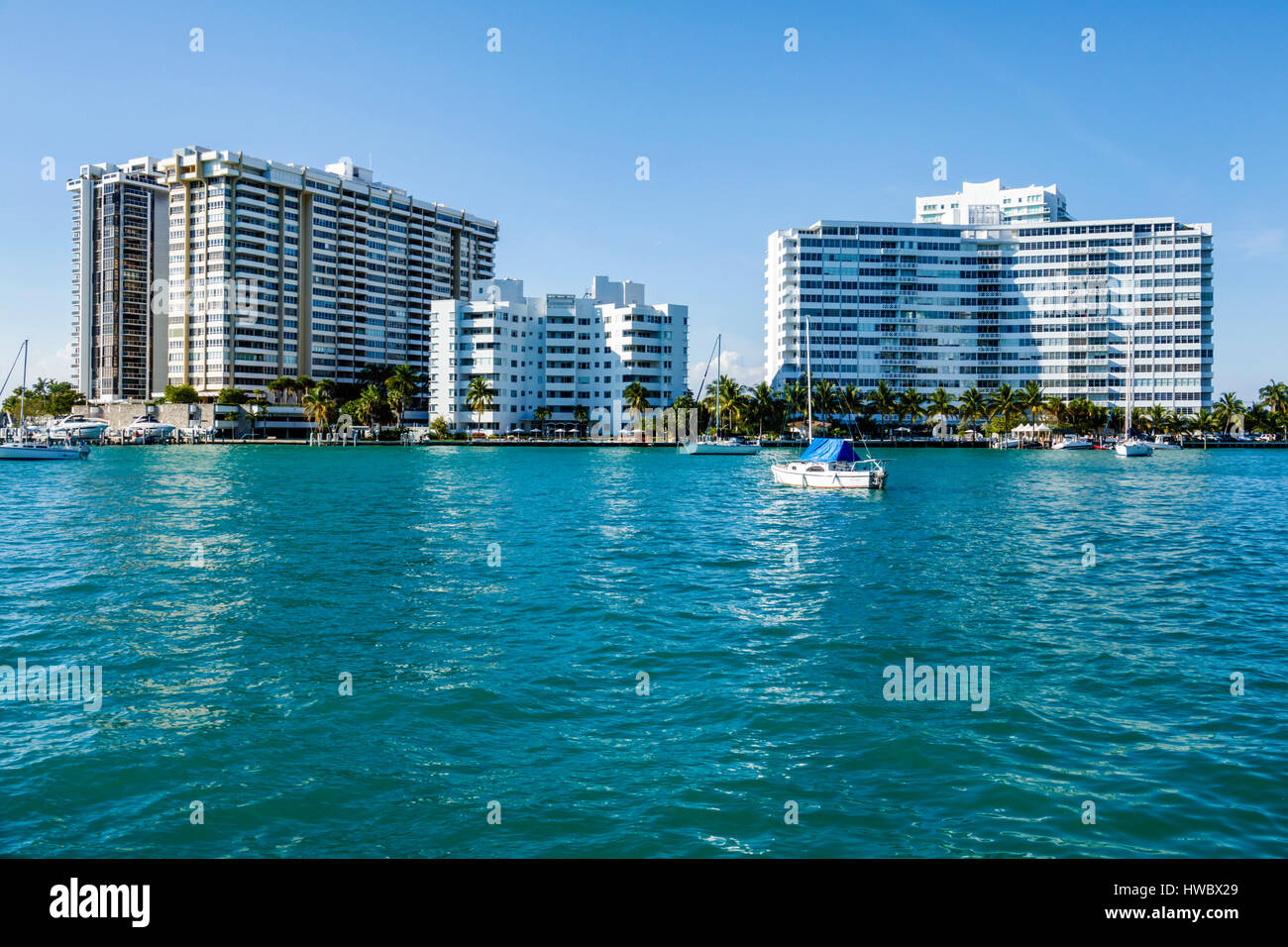 Miami Beach Florida,Biscayne Bay,water,sailboat,Belle Isle,high rise ...