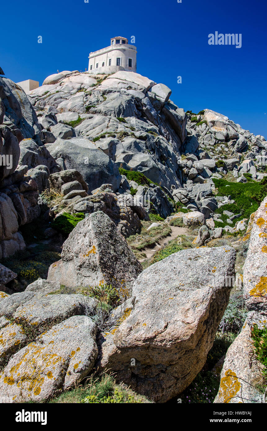 White lighthouse of Capo Testa in north Sardinia Stock Photo - Alamy