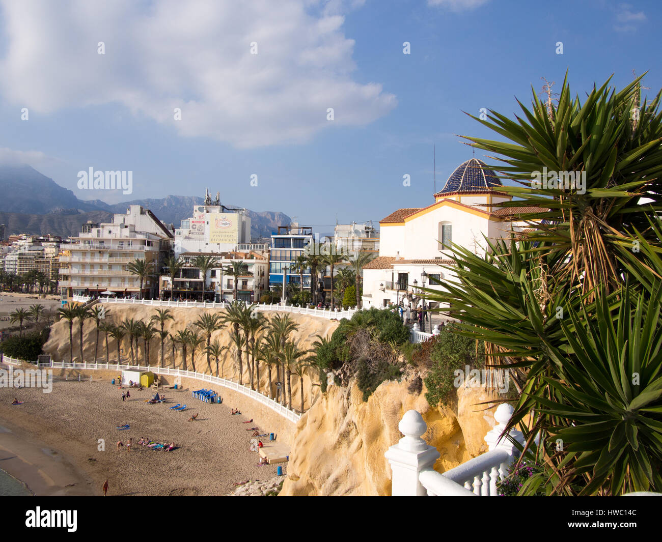 Malpas beach and the Church of San Jaime, in Benidorm's Old Town Stock ...