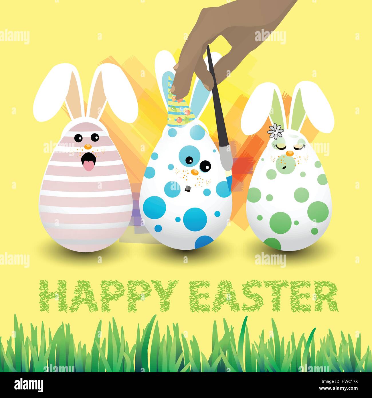 Easter happy three eggs bunnies with funny faces on a background ...