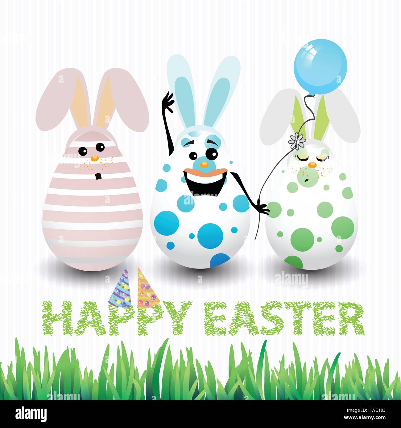 Easter happy three eggs funny waving hand greeting on white background ...