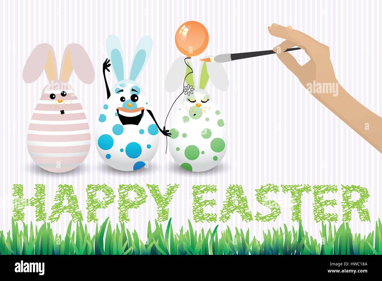 Easter happy three eggs funny brush hand draw on white background ...