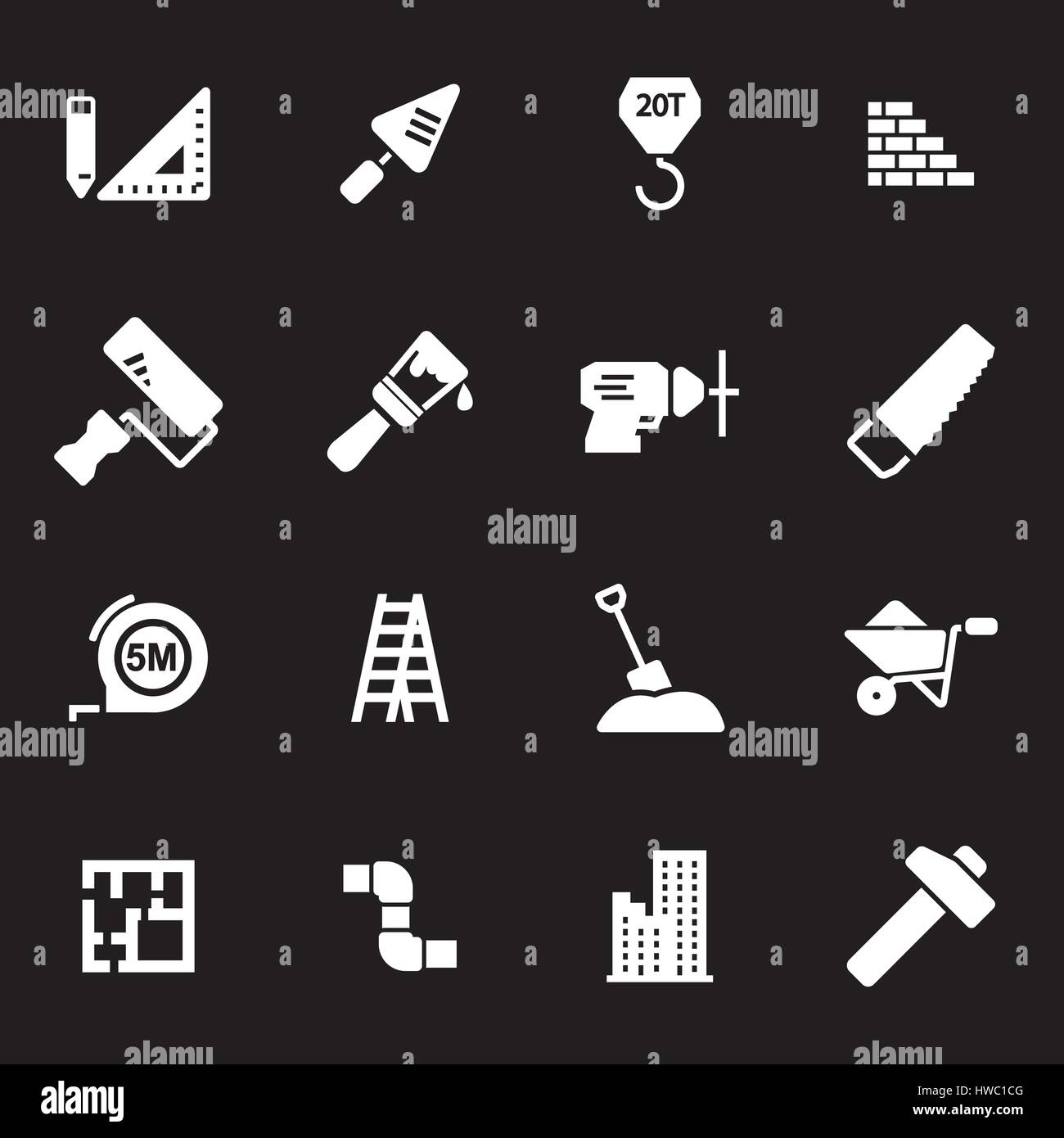 Vector white construction icons set on black background Stock Vector ...