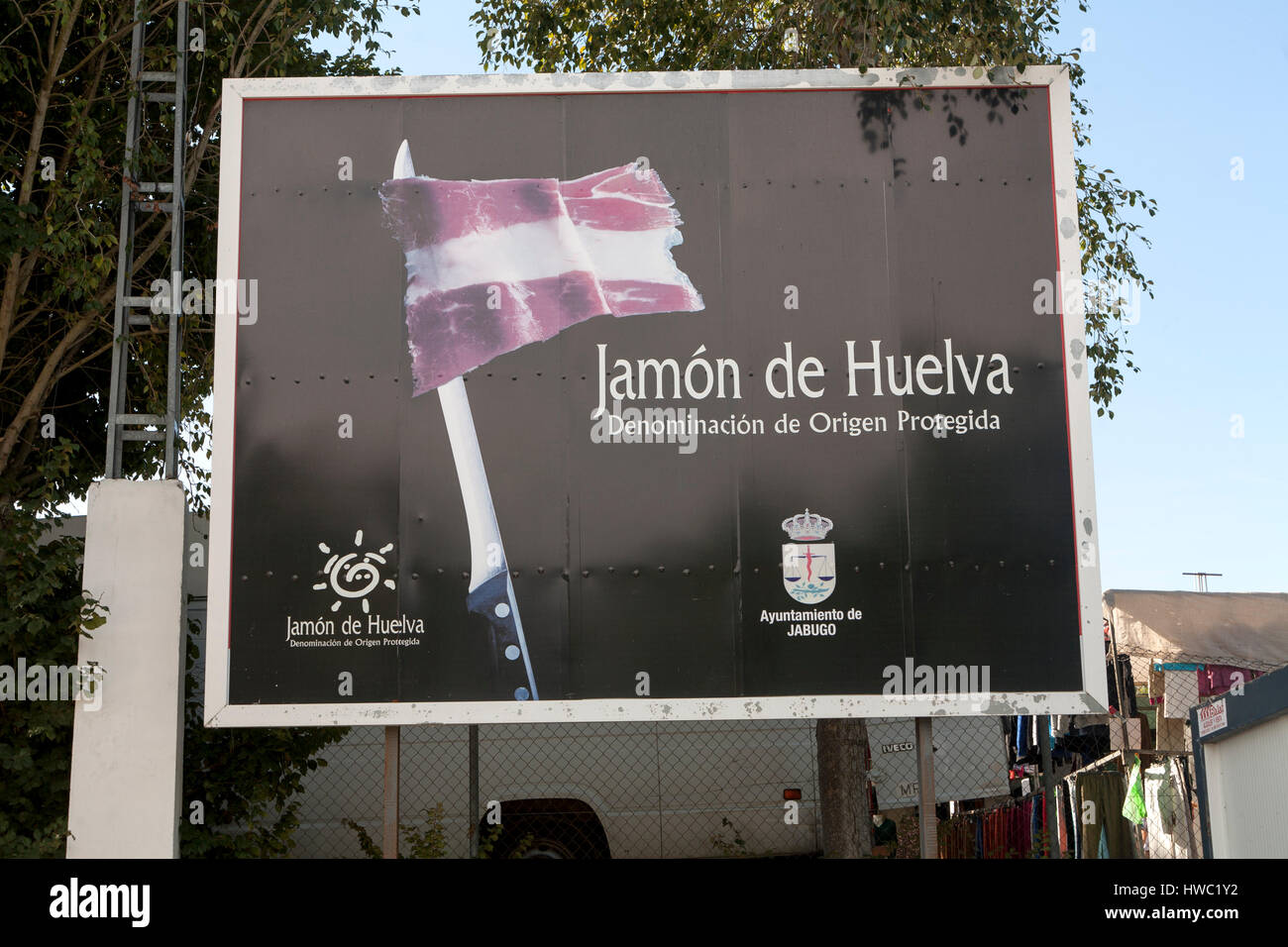 Advertising sign for Jamon de Huelva, Jabugo, Sierra Morena, Sierra ...