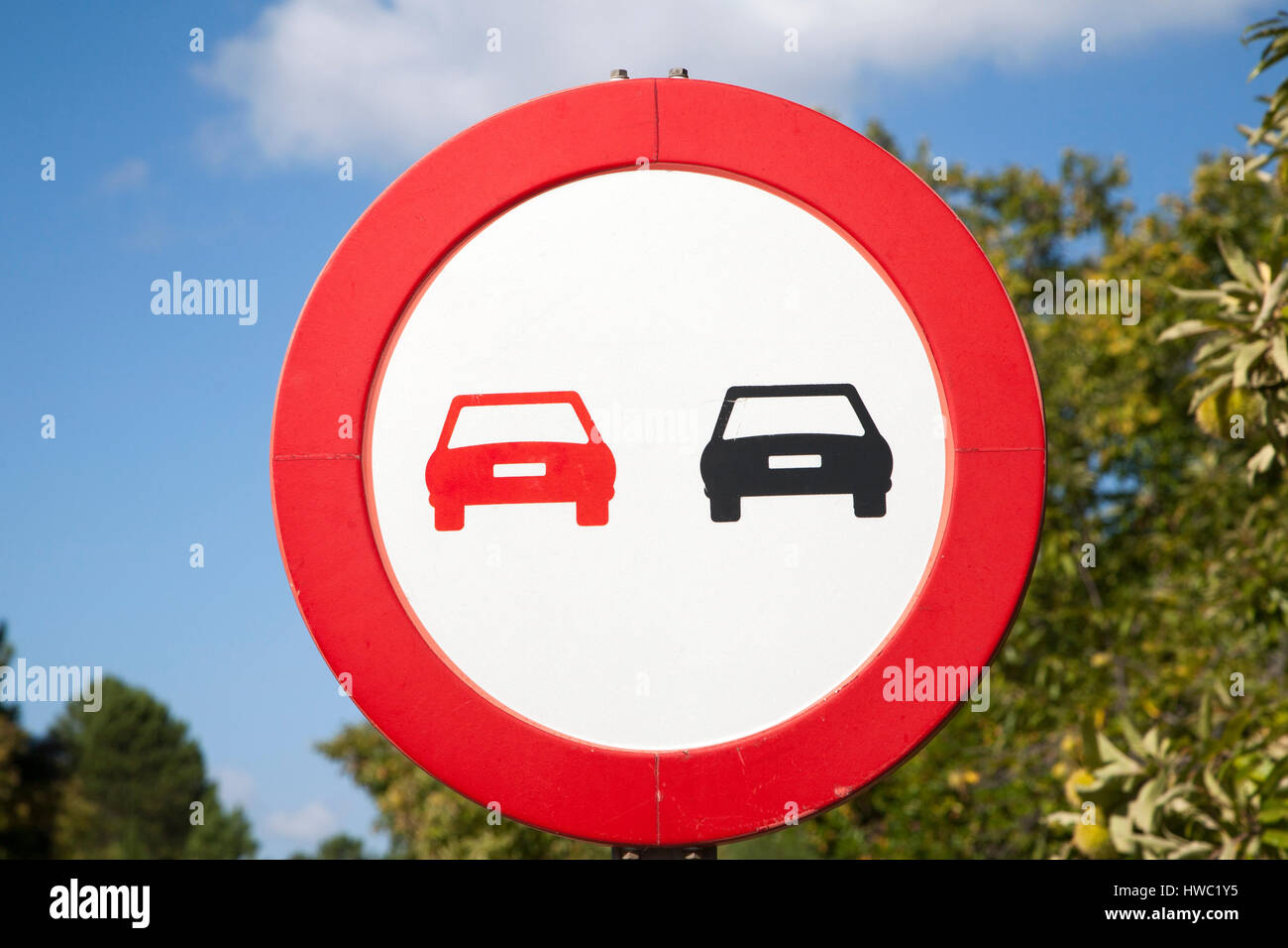 No overtaking road sign close-up, Spain Stock Photo - Alamy