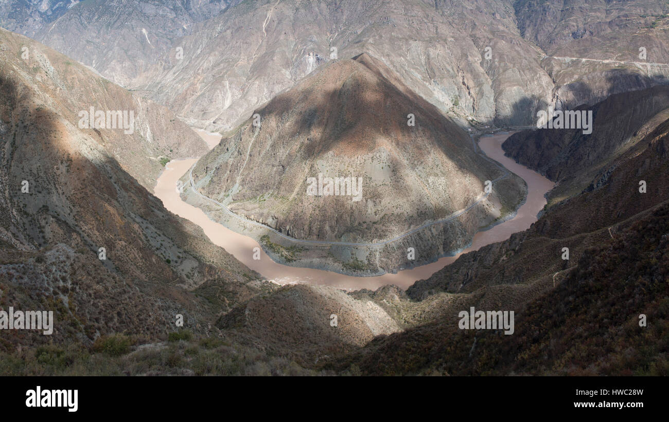 Aerial view of first turn of the mighty Yangtze river, Yunnan province ...