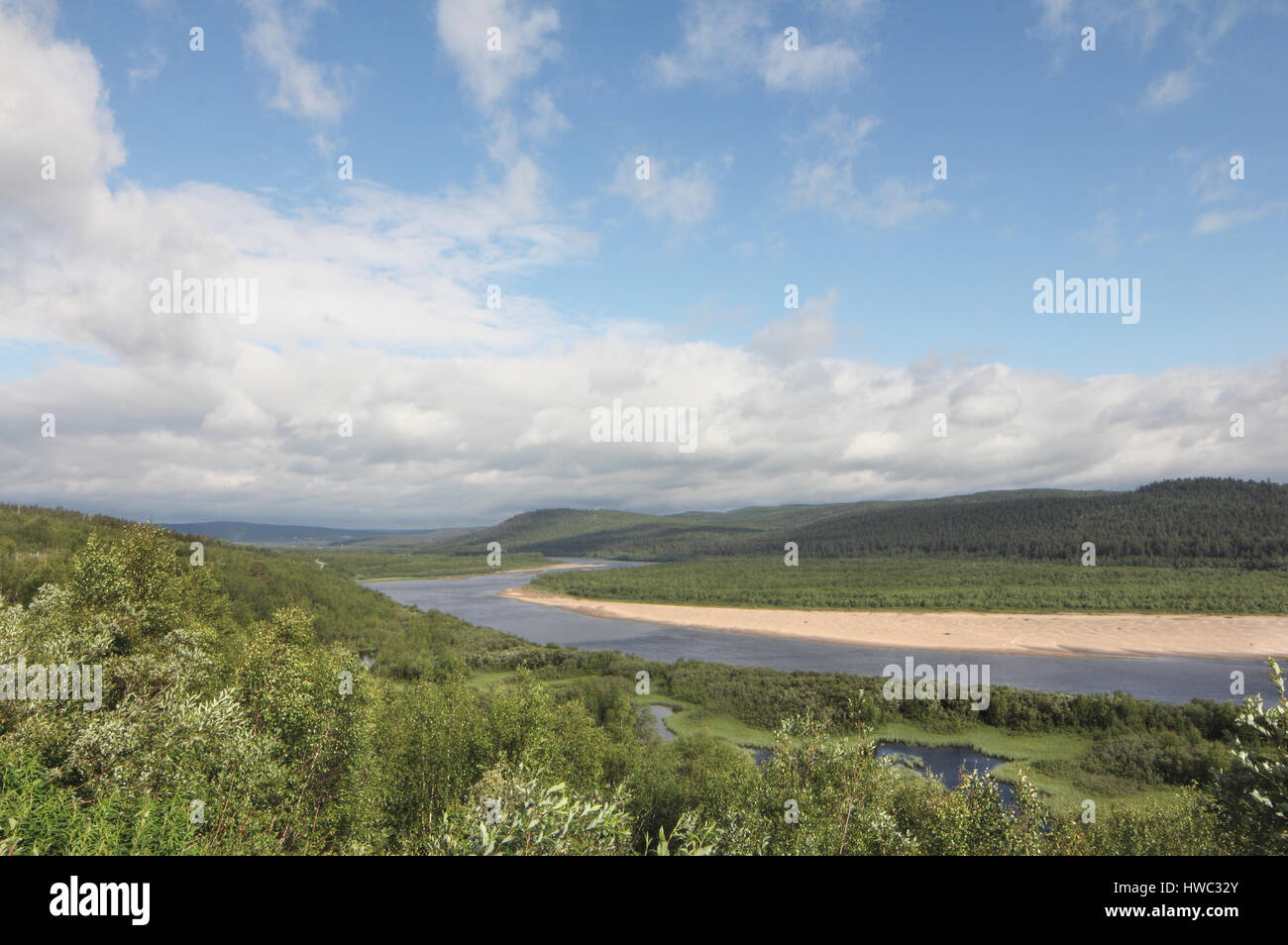 Panoramic view on landscape with river and forest Stock Photo - Alamy