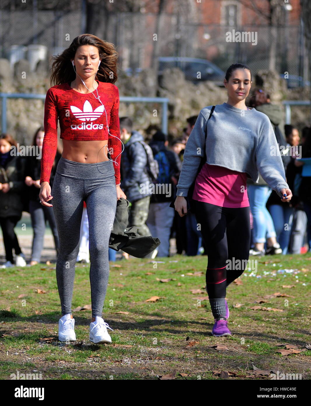 Italian model Dayane Mello working out at a park in Milan with a friend ...