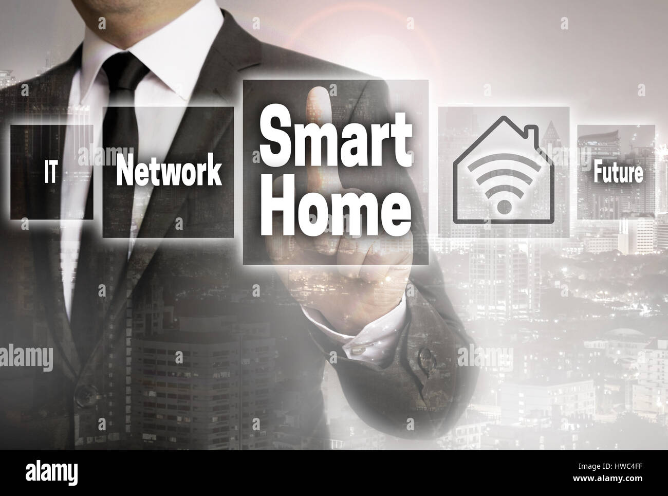 Smart Home businessman with city background concept Stock Photo - Alamy