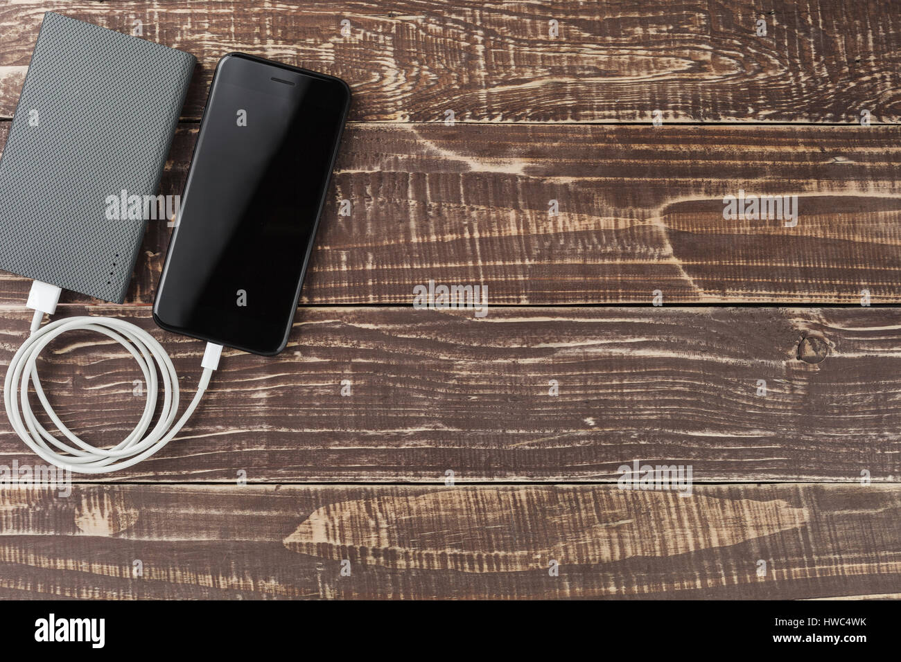 smart phone mobile connect to power bank on top view Stock Photo - Alamy