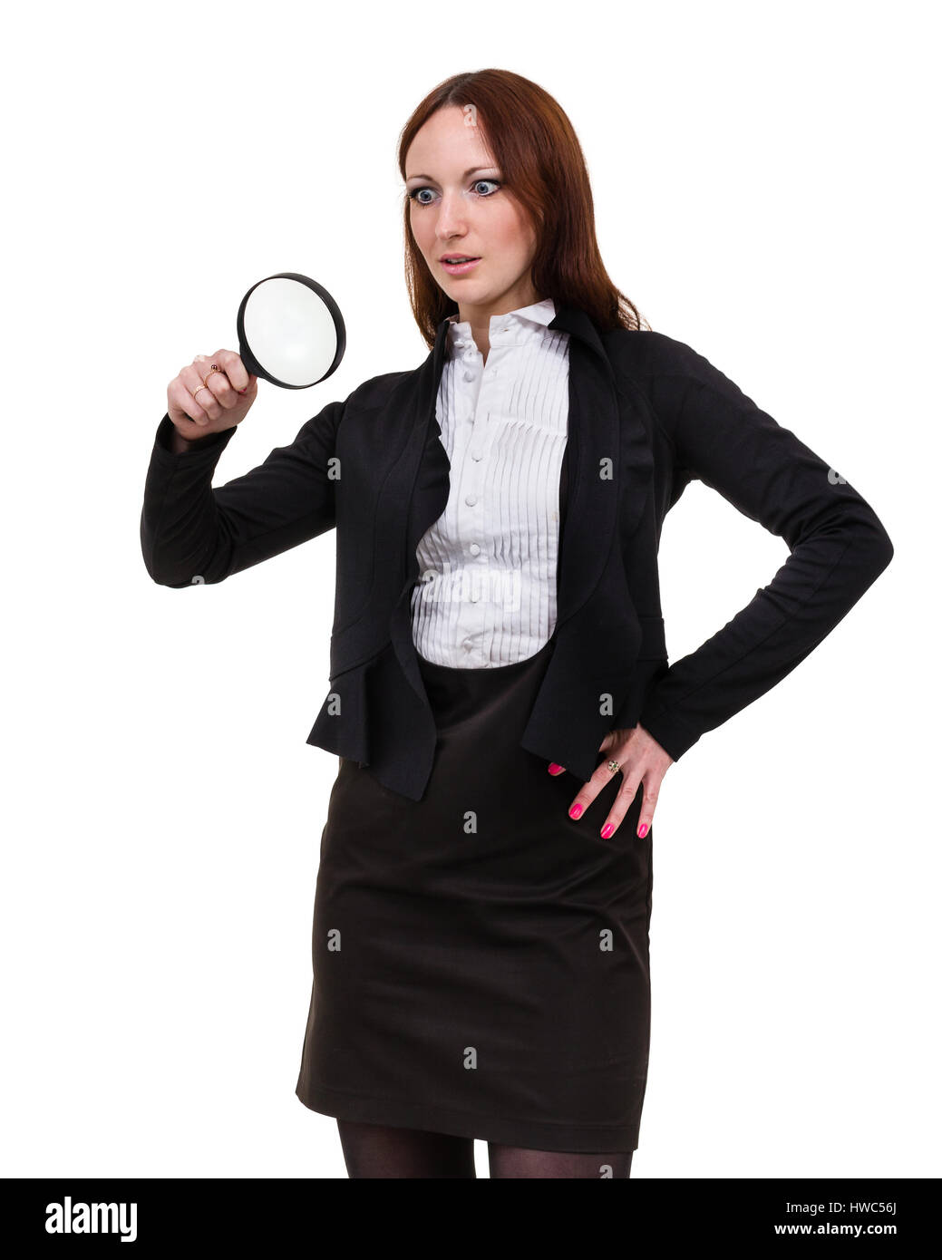 hocked woman searching finding clues with magnifying glass, isolated on ...