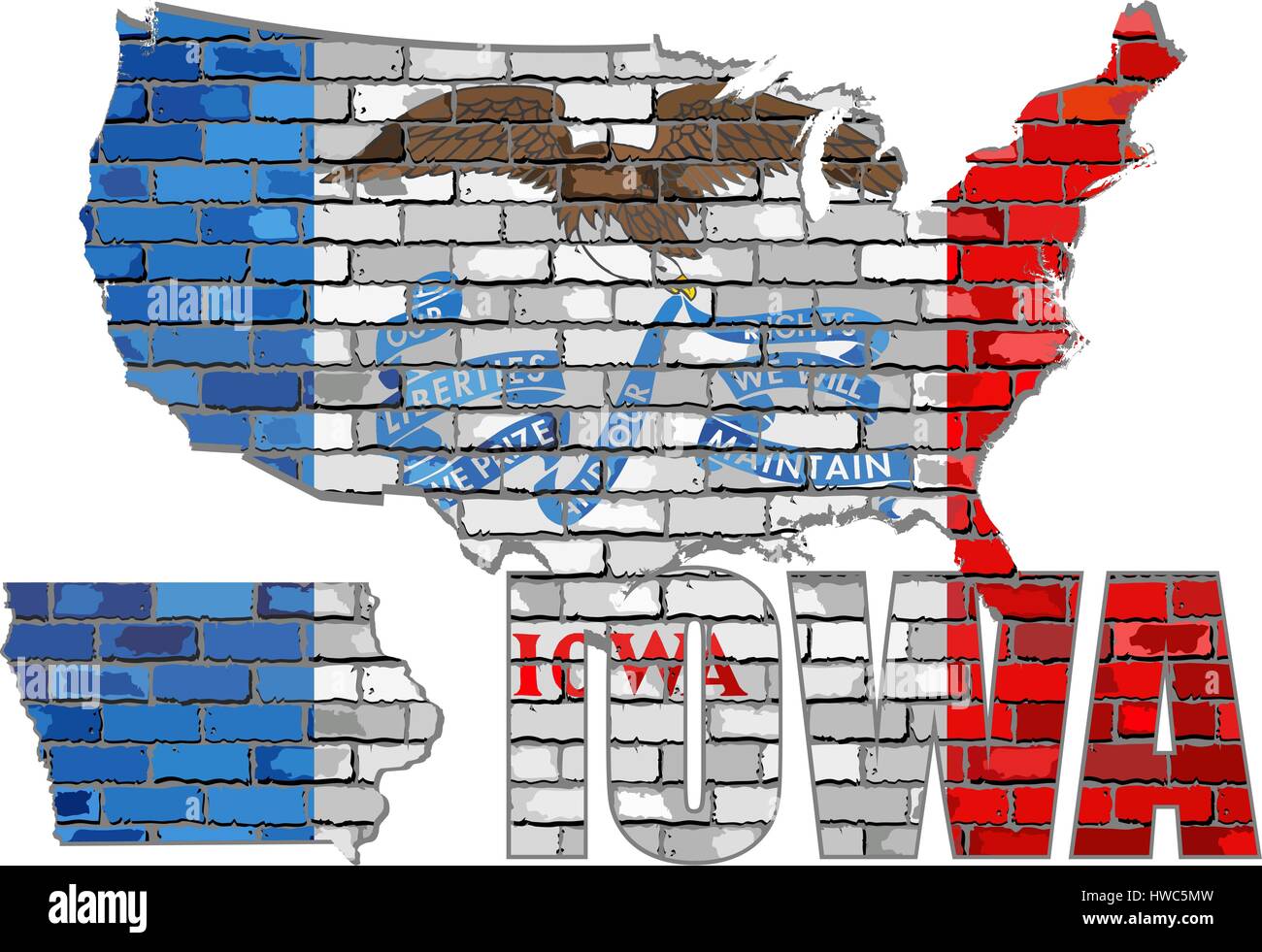 Iowa on a brick wall - Illustration, Font with the Iowa flag, Iowa map ...